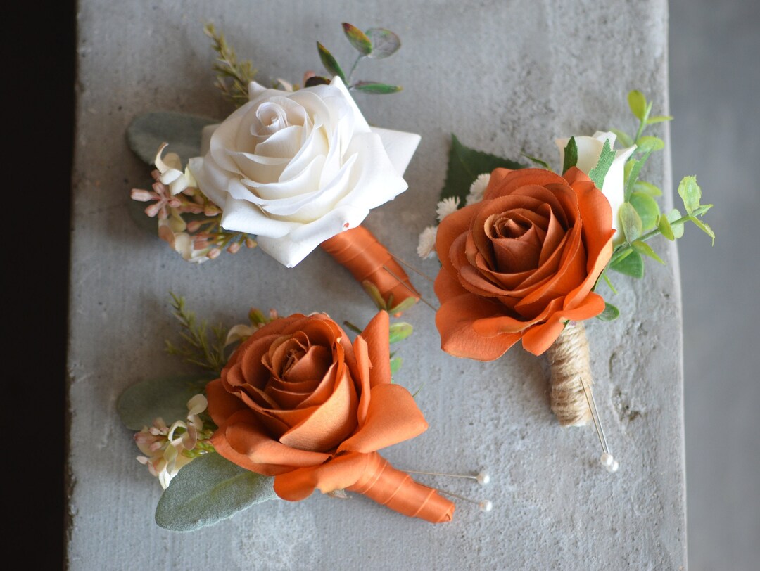 Real Touch Rust Ivory Rose Boutonniere, Rust Orange Wedding Boutonniere ...