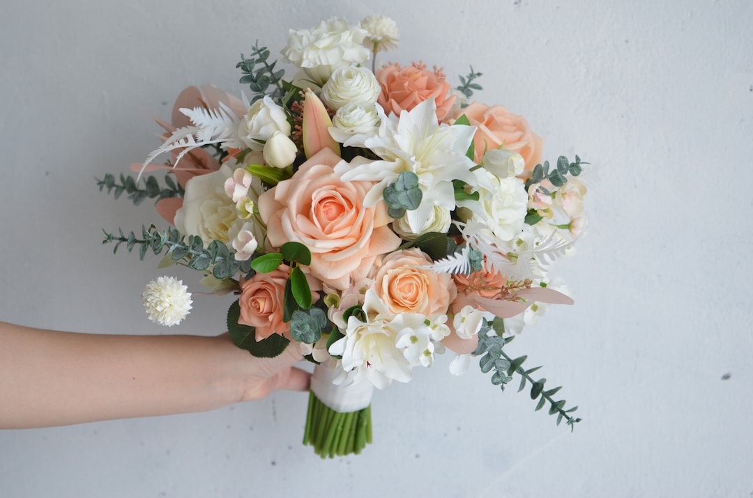 Artificial Peach White Spring Bridal Bouquet, Real Touch Faux Roses ...