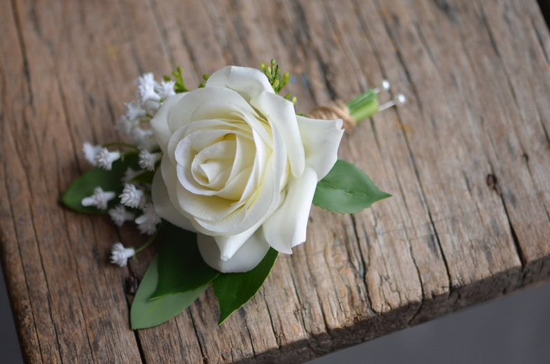 Real Touch Ivory White Rose Boutonniere, Green Boutonniere, Wedding ...