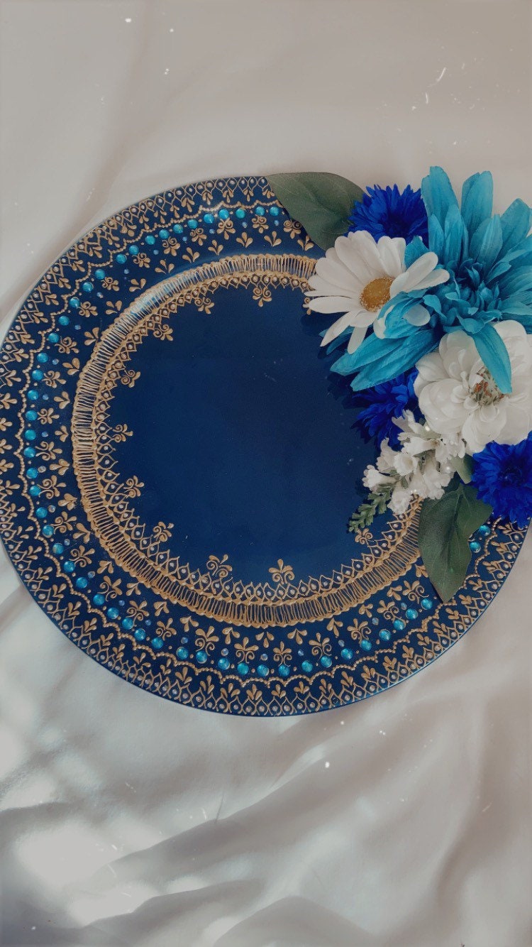 Decorated Blue Mendhi Charger Plate With Artificial Flowers - Etsy