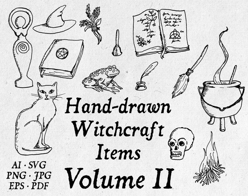 VOL 2: Hand-drawn Witchcraft & Wicca Supplies Line Art in Vector and ...