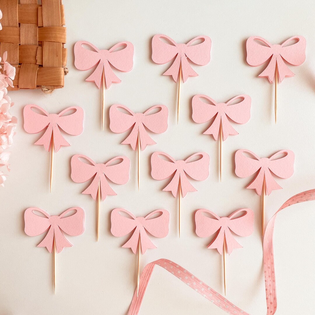 Pink Bow Cupcake Toppers - Coquette Baby Shower - Toile Party Decor - Etsy