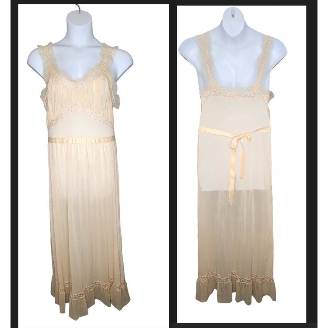 1950s Blush Nude Negligee Chiffon Nylon Ruffle Nightgown Empire Waist ...