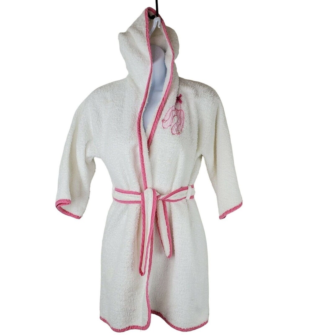 Vintage Girls White Hooded Terry Cloth Robe Pink Trim Embroidered ...