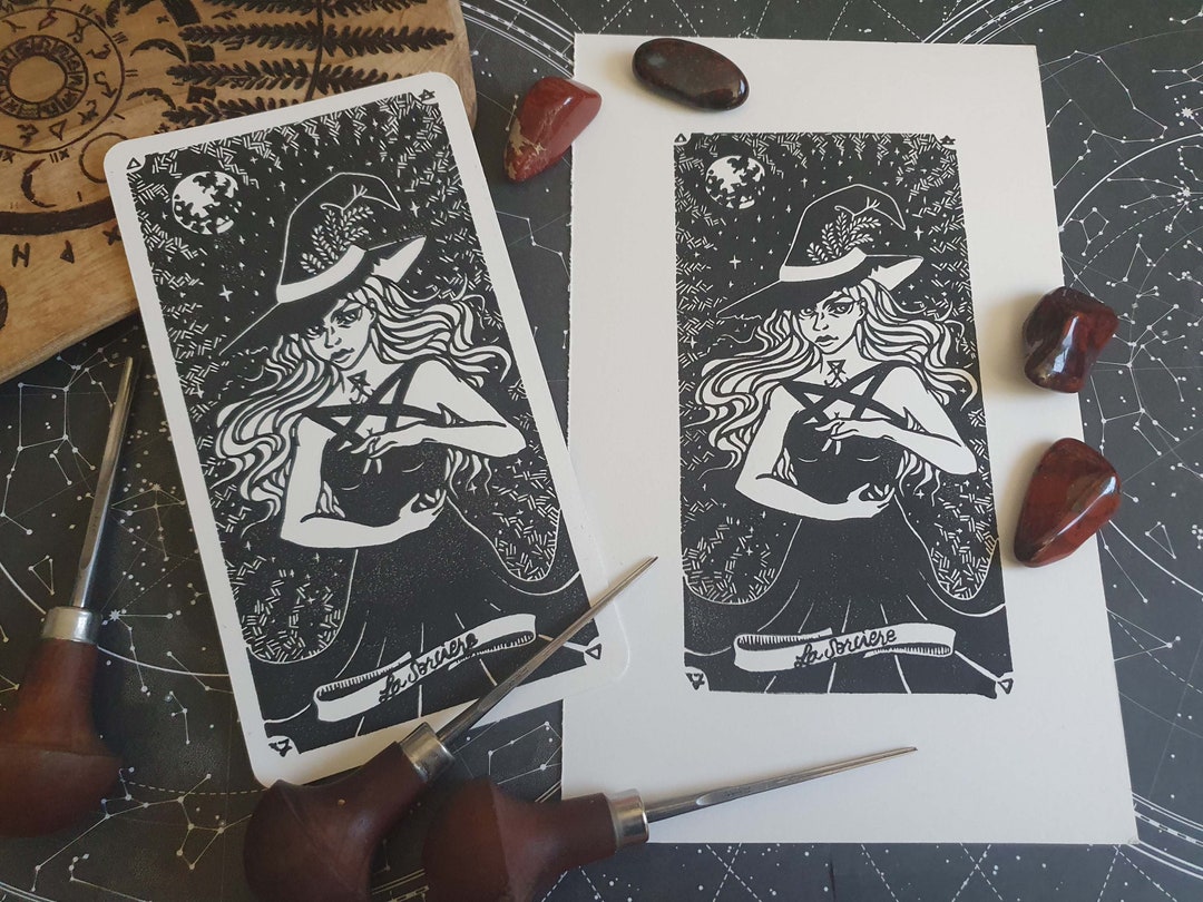Linocut Tarot Card of the Witchcraft Witch Folklore Stationery ...