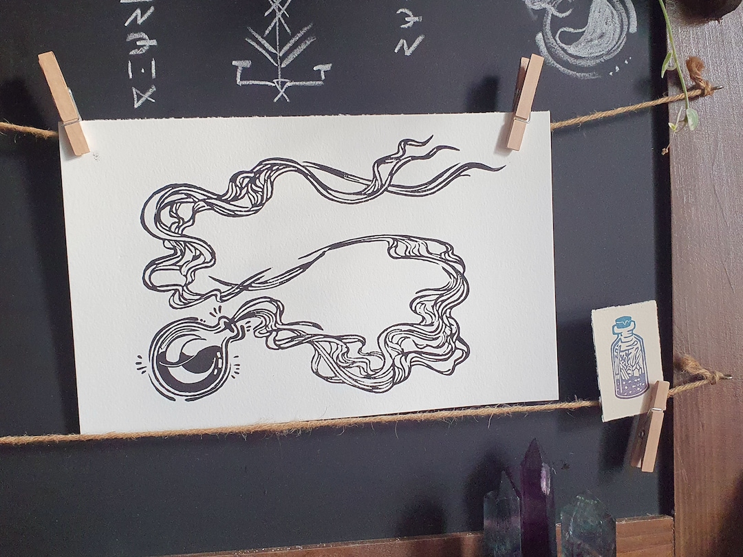 Linocut Potion, Vial and Plume of Smoke - Etsy