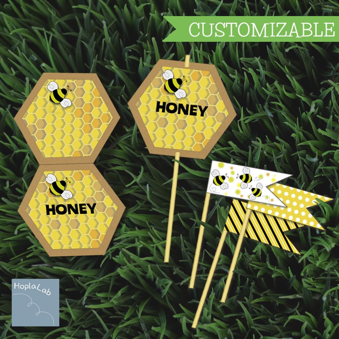 HONEY BEE Printable Food Labels, Hive Straw Flags, Summer Garden Buffet ...