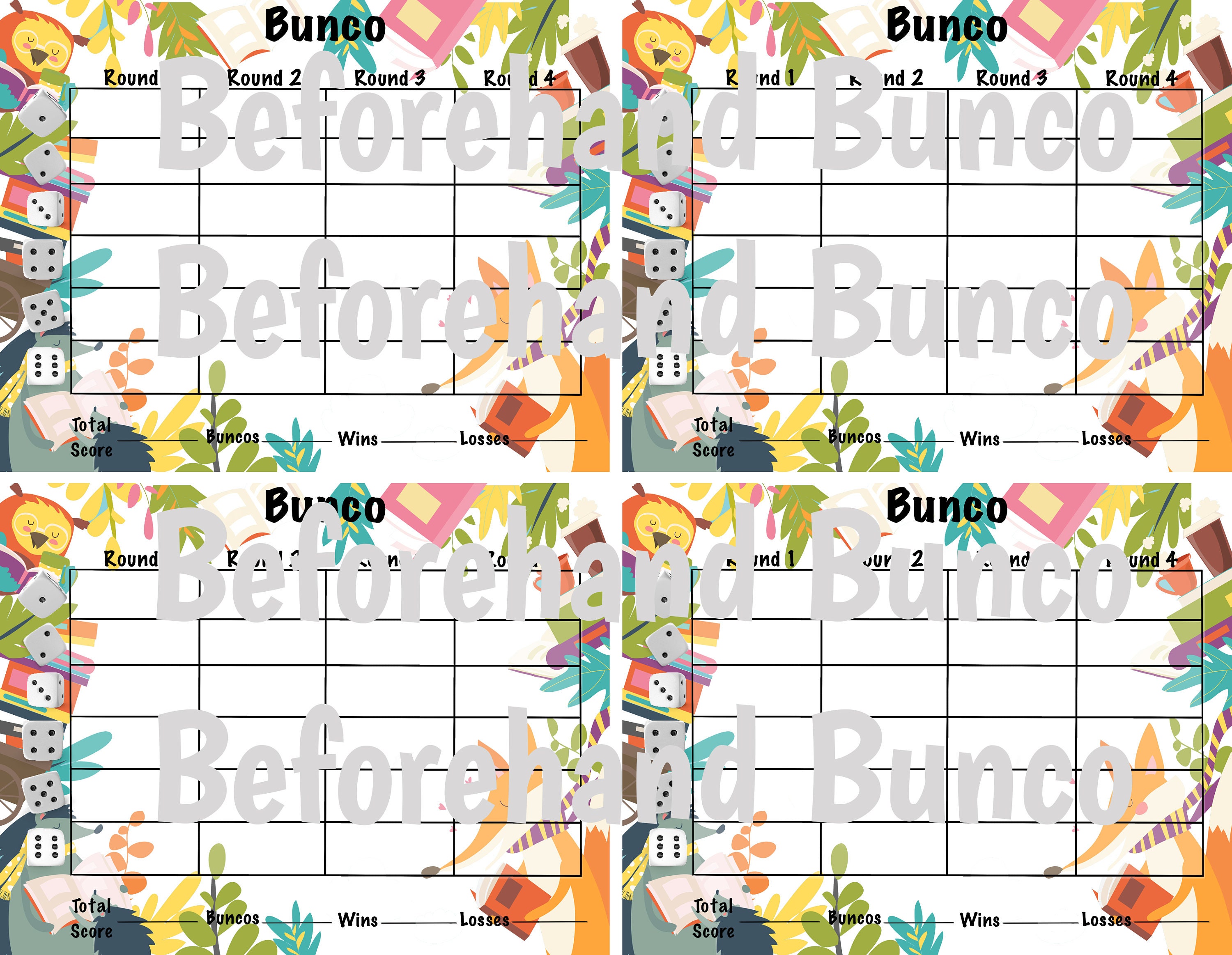 Books and Animals Bunco Score Sheet - Cute Fox and Owl Colorful Bunco ...