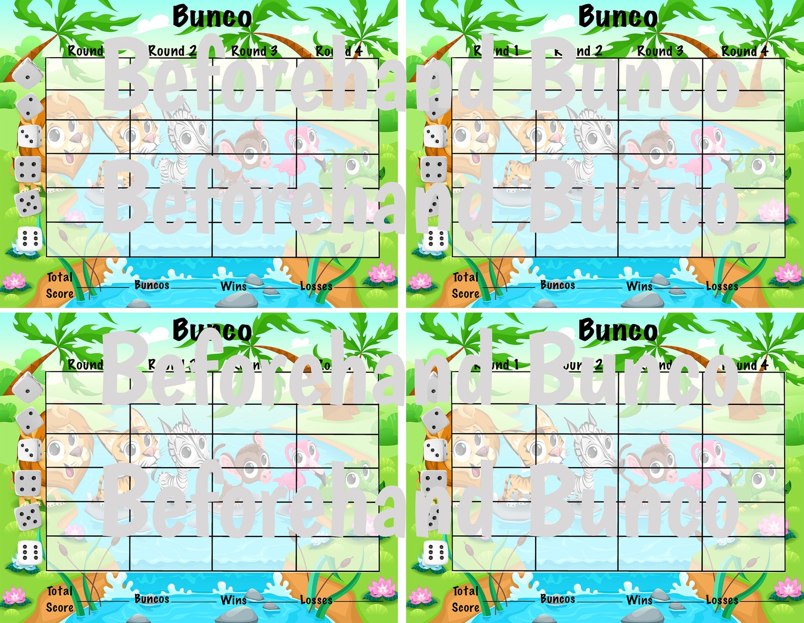 Jungle Animals Bunco Score Sheet - Cute Baby Animals Bunco Score Card ...