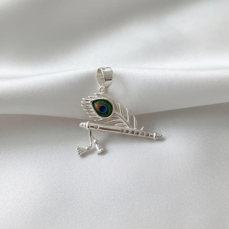 Sterling Silver Krishna Flute Pendant With Peacock Feather - Etsy