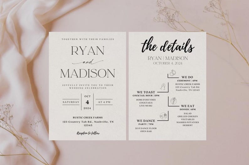 Simple, Modern Wedding Invitation Template With Timeline Details - Etsy