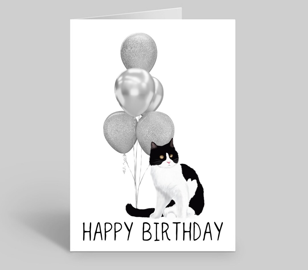 Black and White Cat Birthday Card, Pet Birthday Card, Cat Birthday Card ...