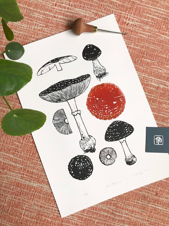Fly Agaric Linocut Print Mushroom Linocut Print-fungi - Etsy
