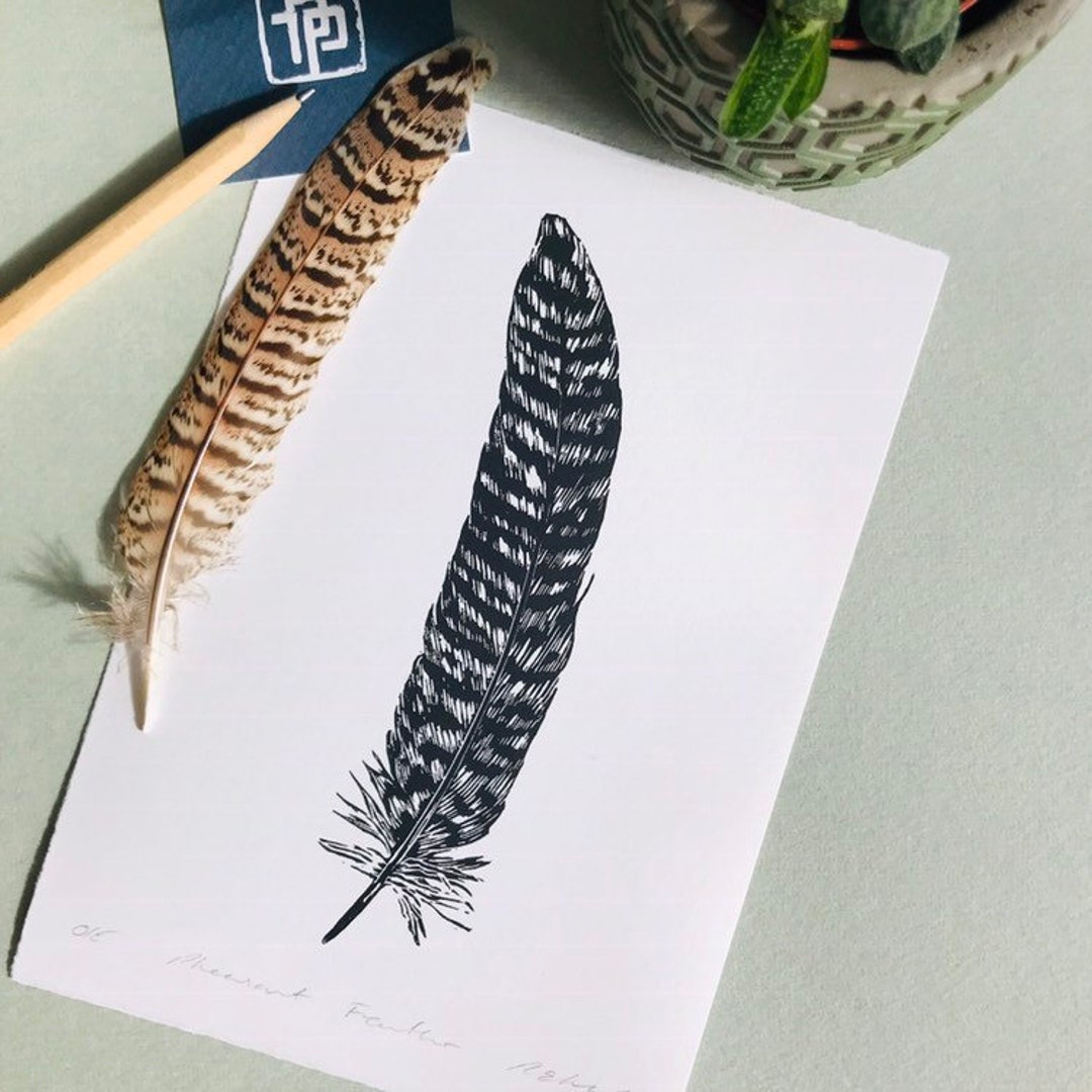 Feather Linocut Print-pheasant Feather Print-nature Art-wall Decor ...