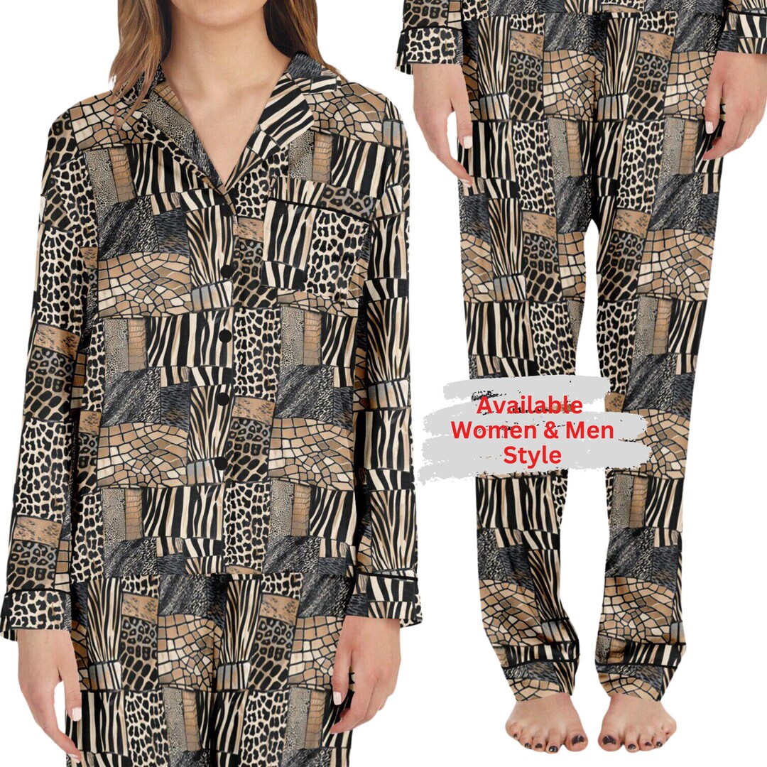 Animal Patchwork Print Satin Pajamas Chic Safari Inspired Sleepwear for ...
