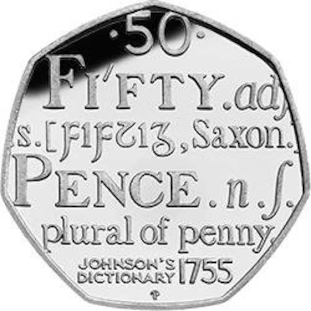 50p Fifty Pence Coin Johnson's Dictionary 1755 Saxon Plural of Penny ...