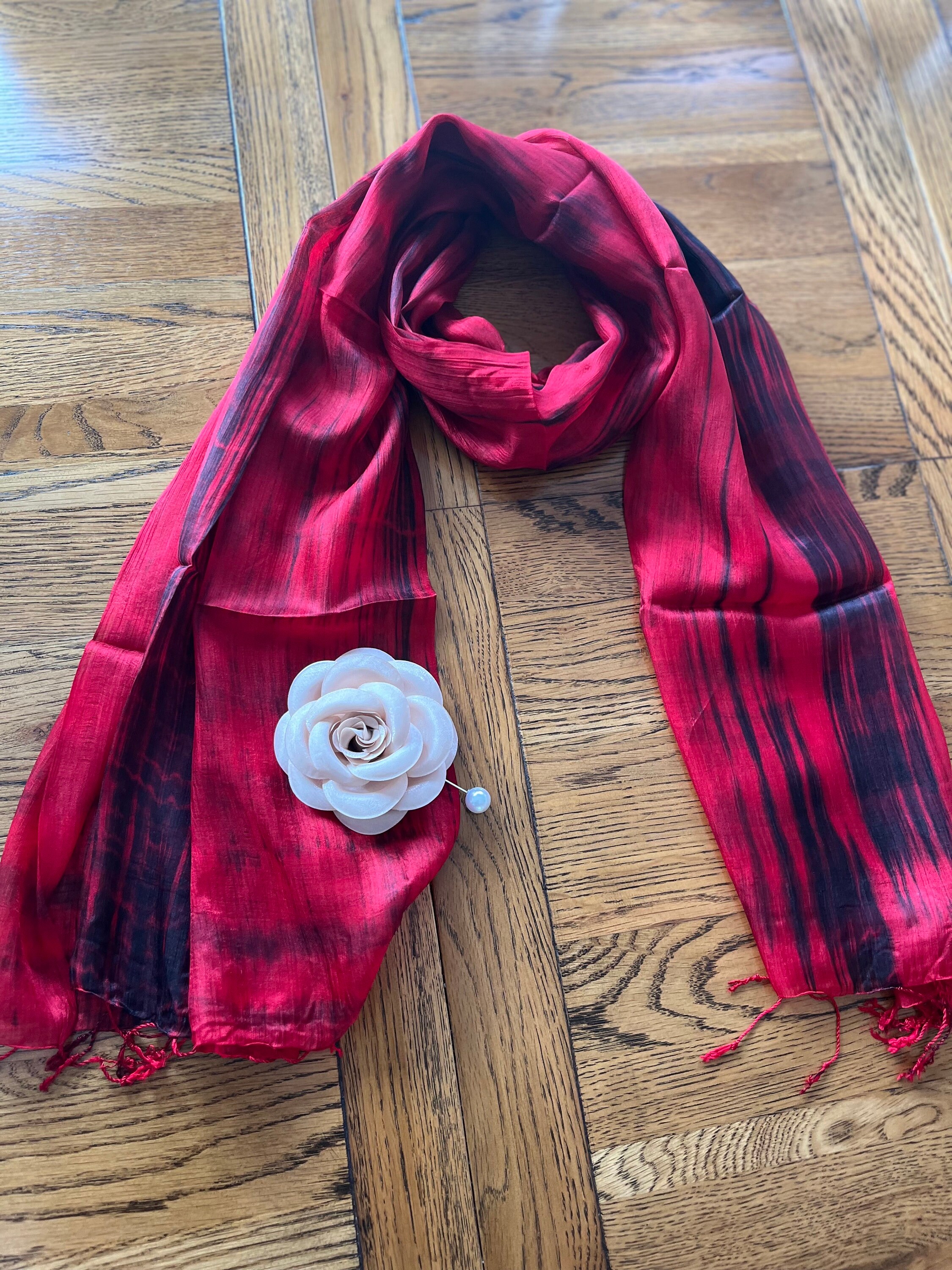 Delicate Pure Silk Red Stripe Long Scarf, Hand Woven - Etsy