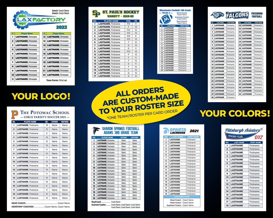 Sports Team Lineup Roster Cards (football, Basketball, Baseball, Soccer ...