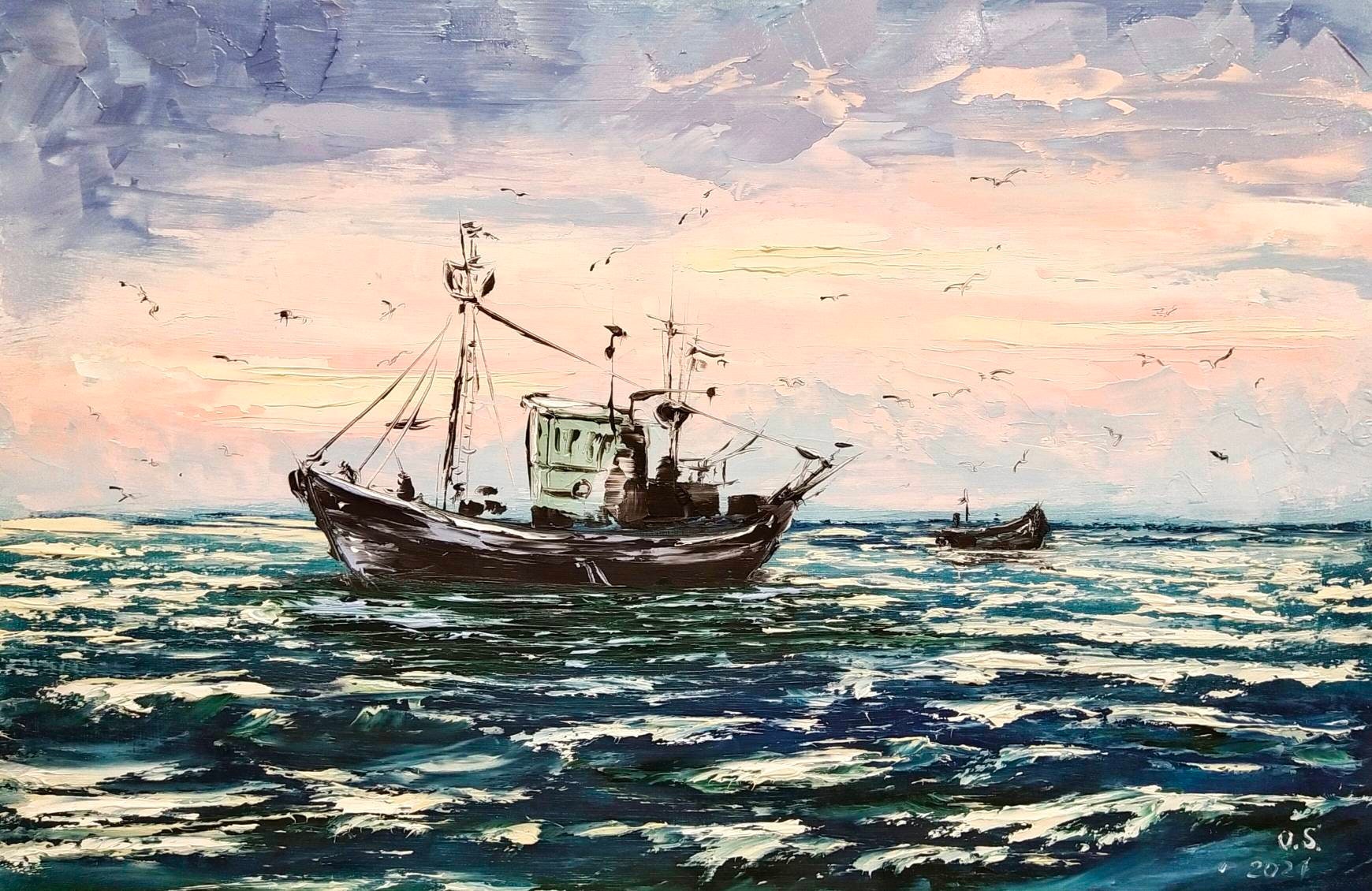 Fishing Boat Painting Original Art Ocean Artwork Seaguls Art | Etsy