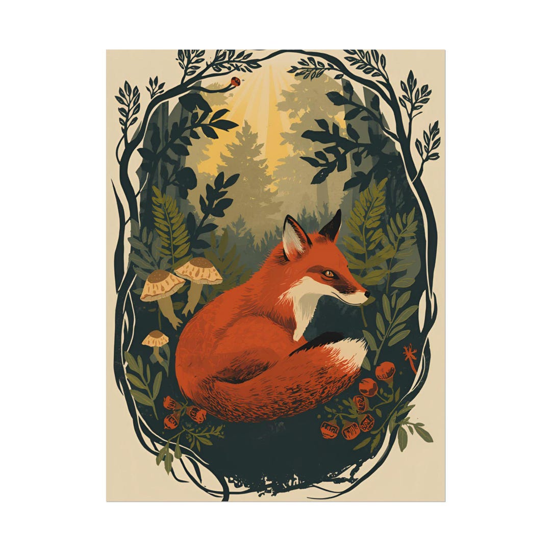 Red Fox in Forest Rolled Poster | Woodland Animal Art Print - Etsy