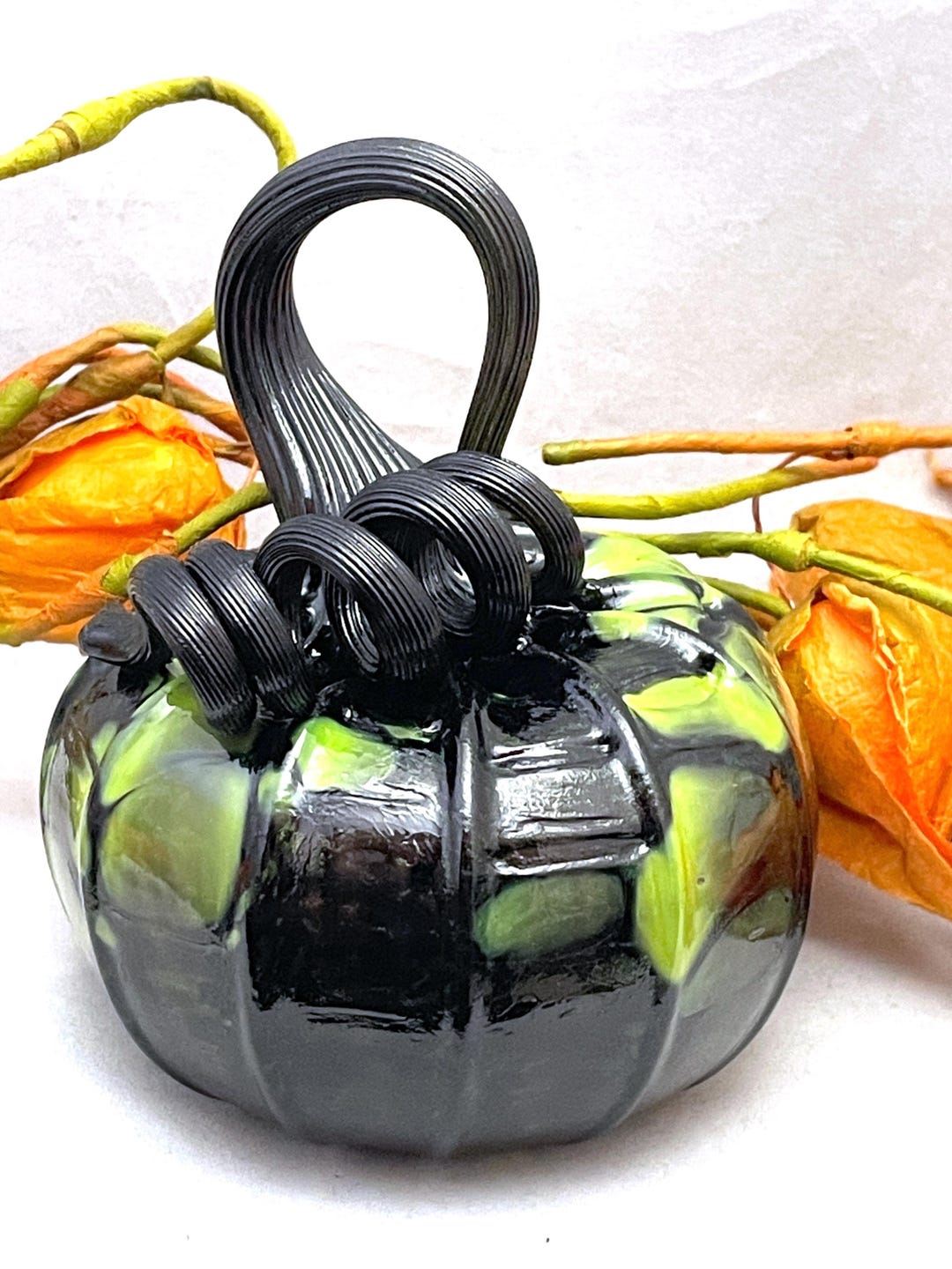 Spotty Black & Green Glass Blown Pumpkin - Etsy