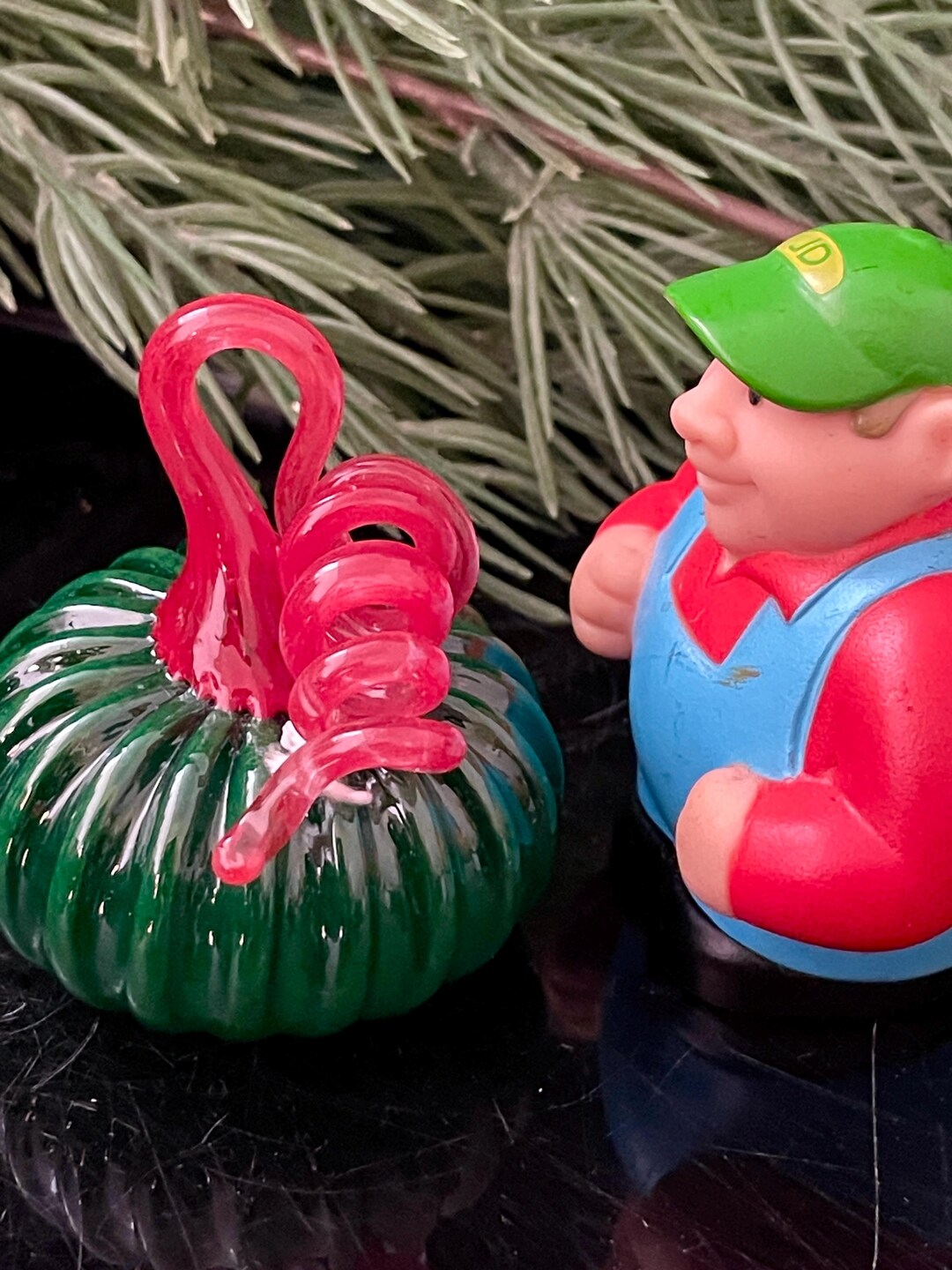 Miniature Glass Pumpkin: Green With Red Stem, Bethlehem PA Handcrafted ...