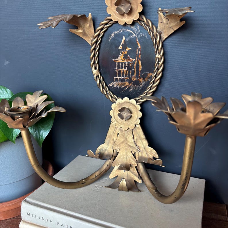 Rococo Chinoiserie Tole Candle Sconce: Gold Asian Inspired Wall Decor ...