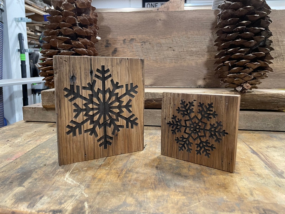 Pair of Laser Engraved Snowflakes on Reclaimed Barn Wood - Mantle Block ...