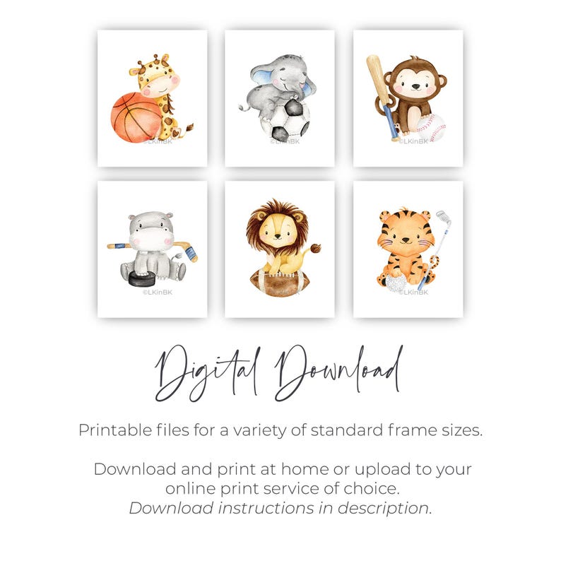 Sports Animals Nursery Art SET OF 6 Digital Download | Watercolor Baby ...
