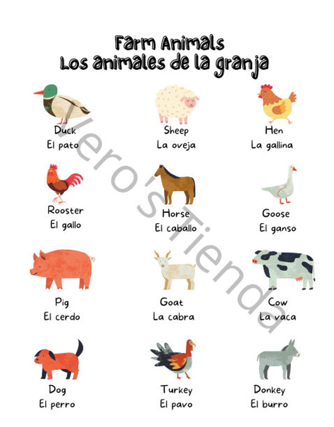 Bilingual Poster Printable- Animal Farms (spanish and English) - Etsy