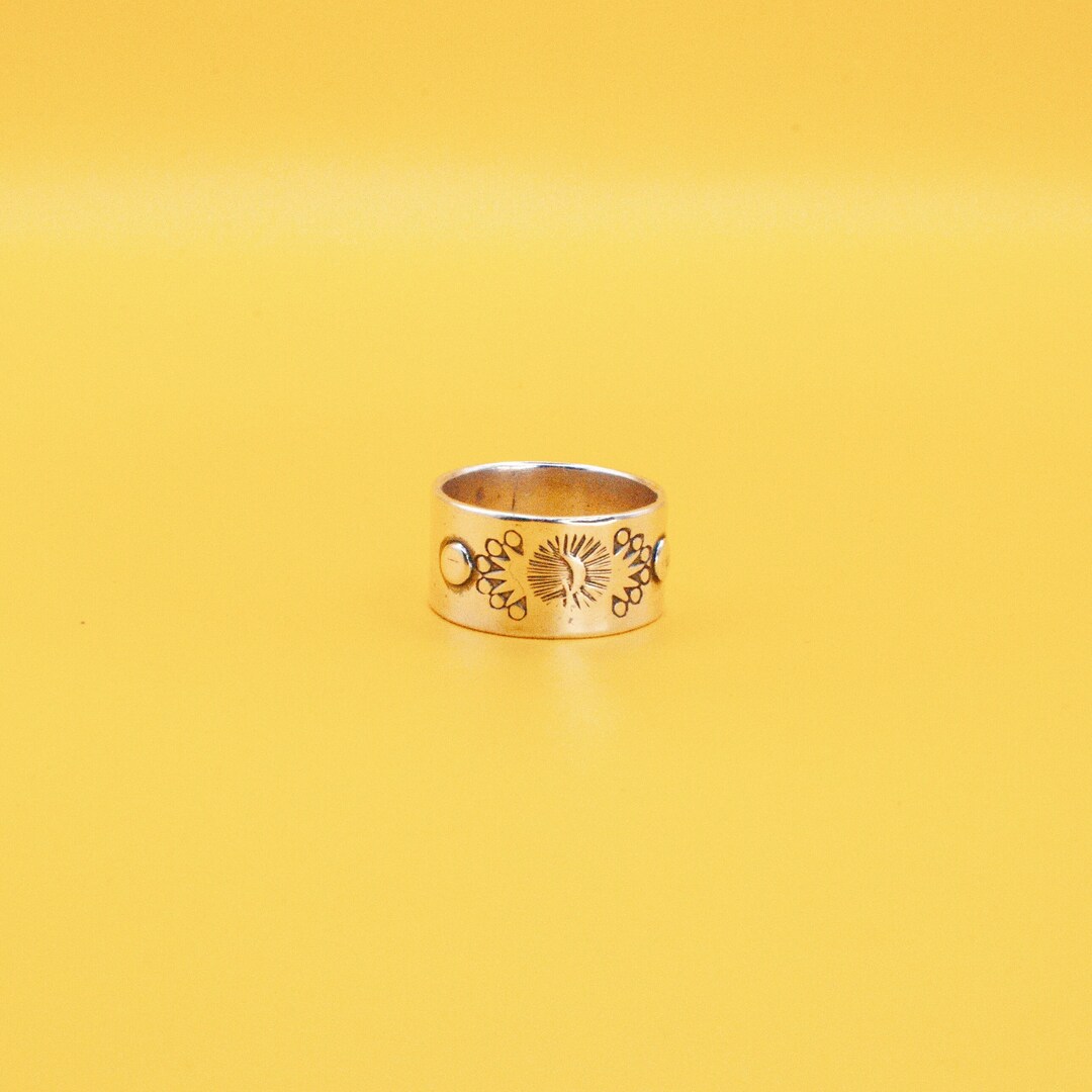 Stamped Moon Flower Ring Thick Band 6 - Etsy