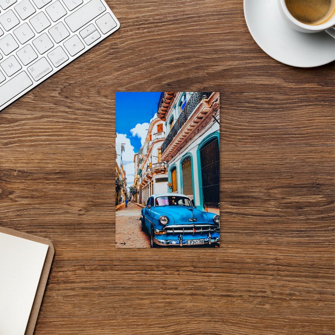 Old Havana Postcard With Vintage Blue Car - Authentic Cuban Street View ...