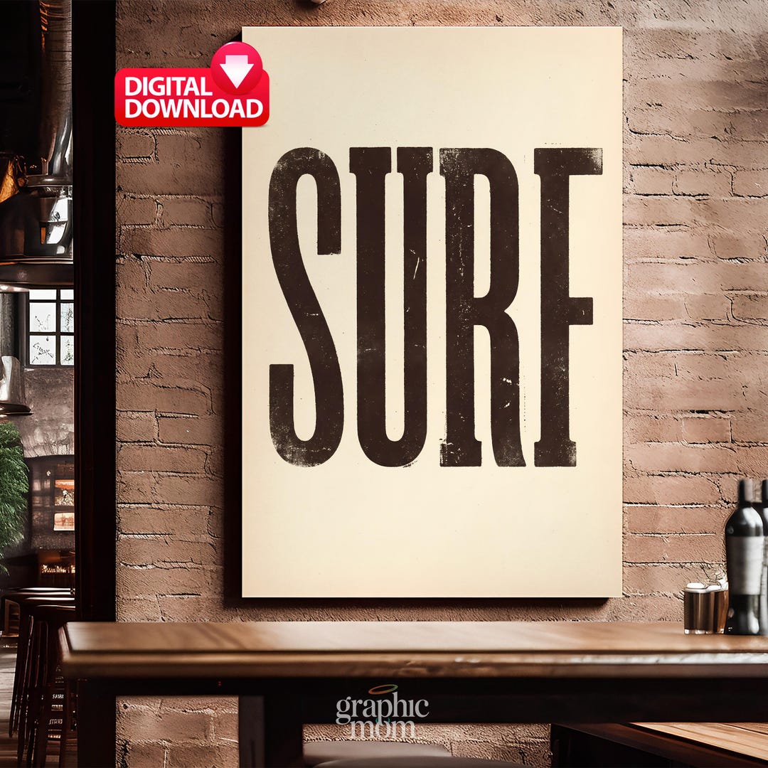 SURF Digital Print, Vintage Distressed Typography Wall Art, Instant ...