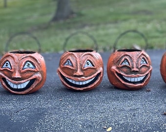 Halloween Vintage Folk Art, Hand Painted Paper Mache Pumpkin Jack O ...