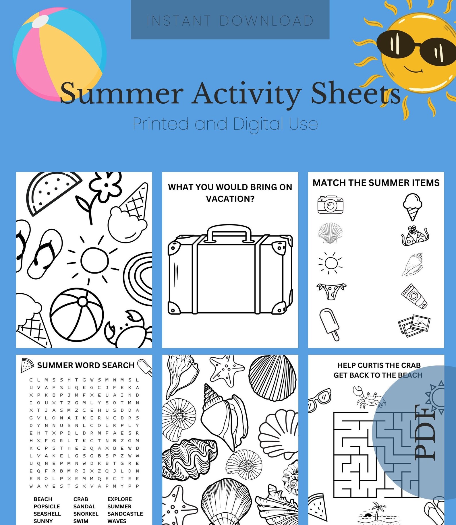 Summer Activity Sheets | Instant Download | Coloring Sheets | Printable ...