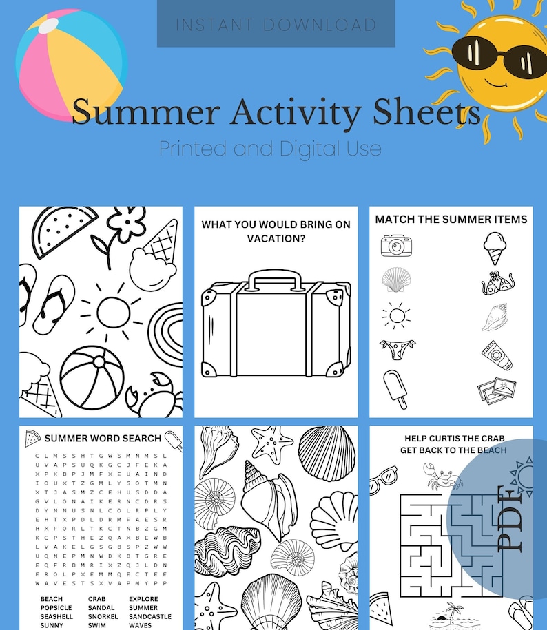 Summer Activity Sheets | Instant Download | Coloring Sheets | Printable ...