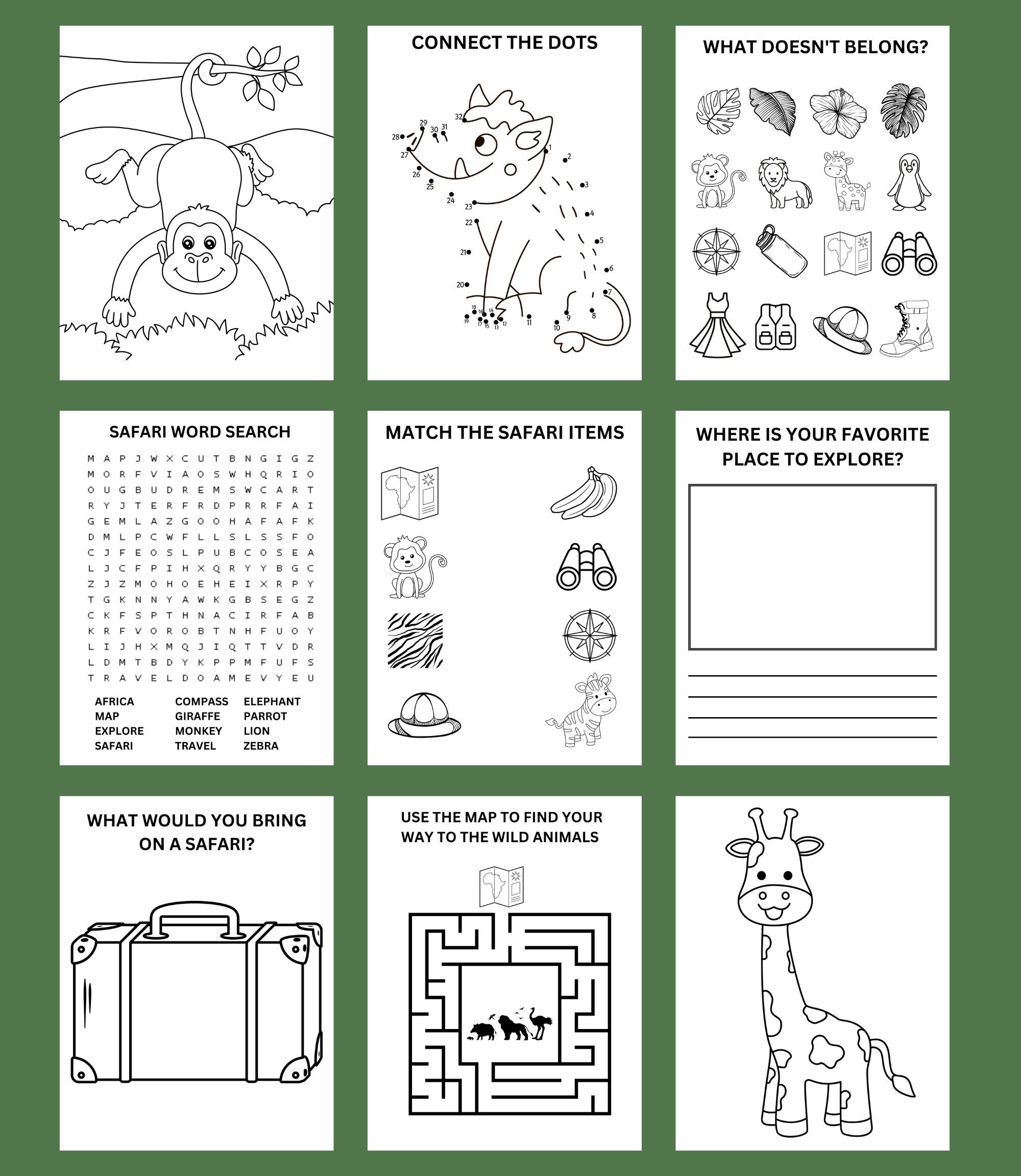 Activity Sheets Safari Coloring Pages Instant Download Printable ...