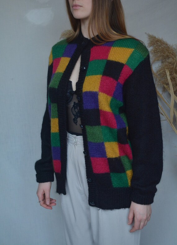 Vintage Wool Plaid Cardigan l Black Retro Warm Mohair… - Gem