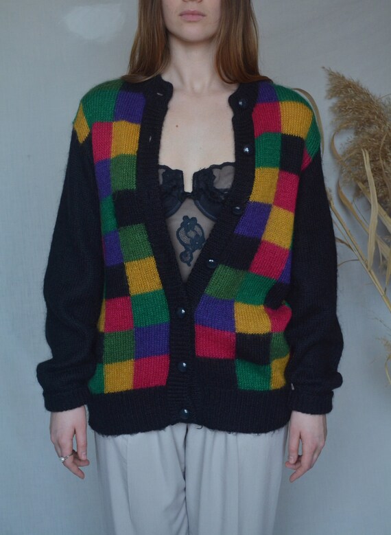 Vintage Wool Plaid Cardigan l Black Retro Warm Mohair… - Gem