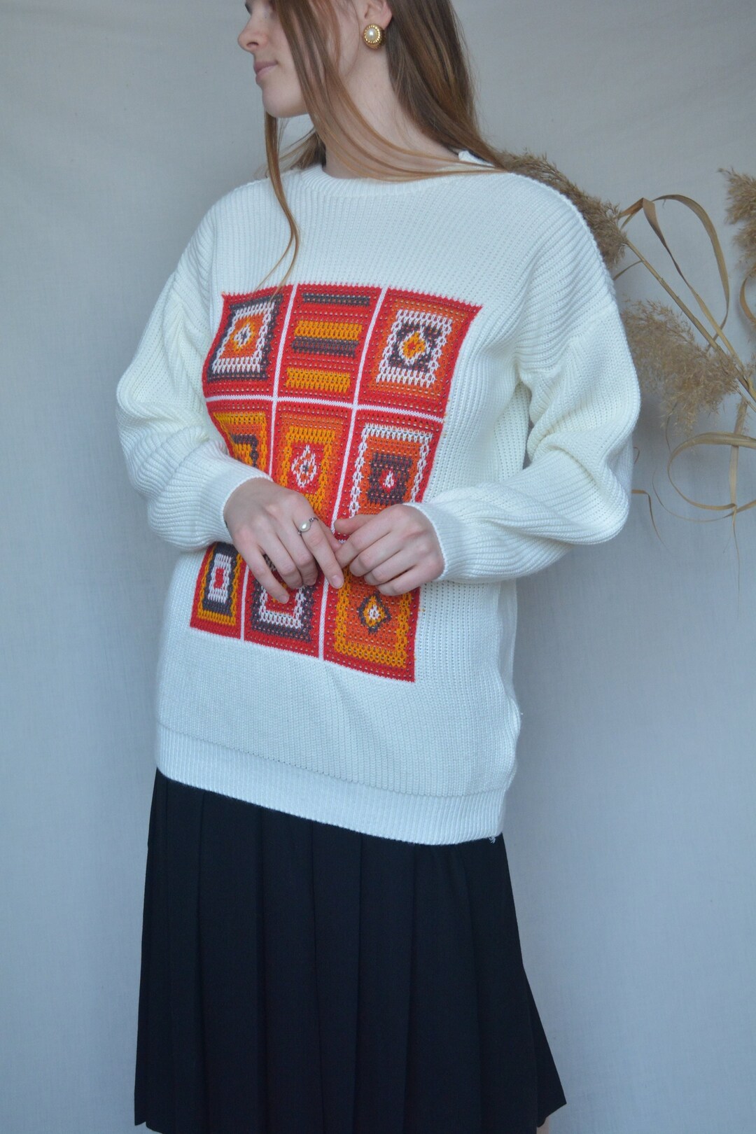 Vintage White Knit Sweater With Crazy Ugly Pattern L Retro Autumn ...