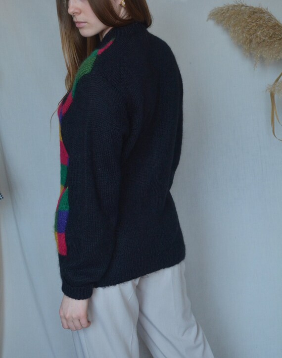 Vintage Wool Plaid Cardigan l Black Retro Warm Mohair… - Gem