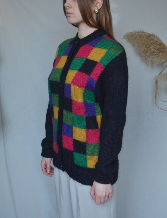 Vintage Wool Plaid Cardigan l Black Retro Warm Mohair… - Gem