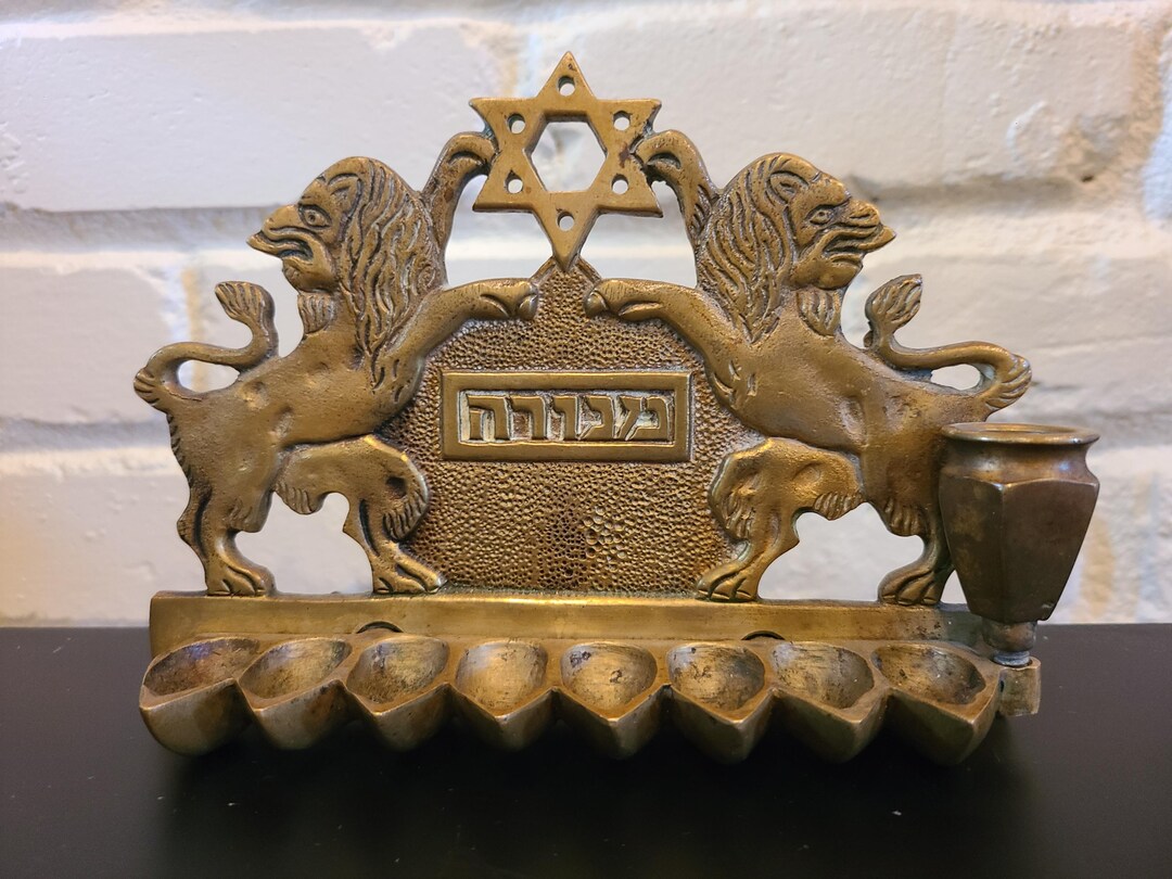 Vintage or Antique Brass Oil Lamp Hanukkah Menorah With Side Shamash ...