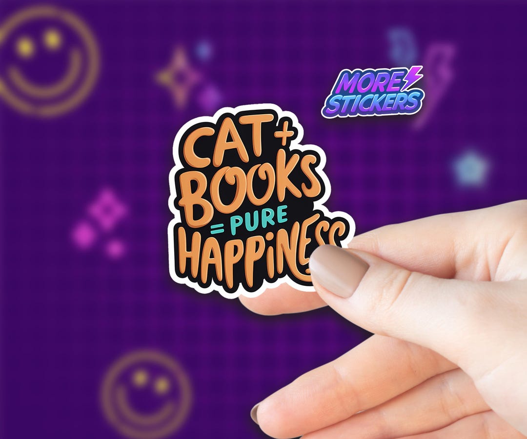 Cat Plus Books Equals Happiness Vinyl Die Cut Stickers Cool Bookish ...