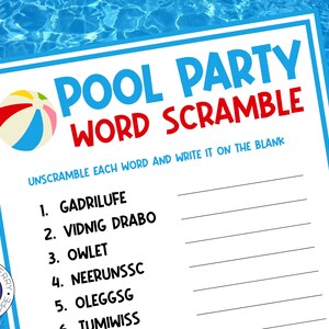Pool Party Word Scramble Game | Swimming Party | Pool Party Theme ...