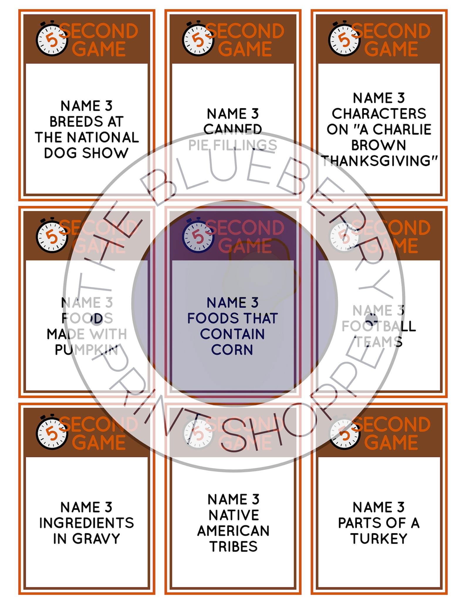 Thanksgiving Game 5 Second Game Name 3 Game - Etsy