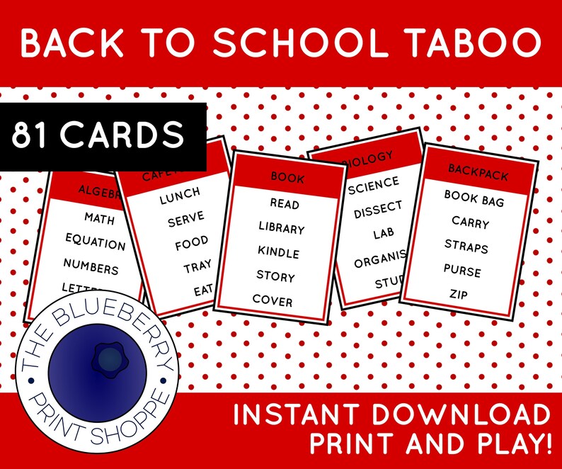 Back to School Taboo Back to School Game 81 Cards Family | Etsy