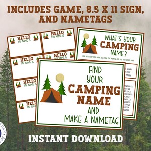 What's Your Camping Name Game WITH NAMETAGS & SIGN | Camping Birthday ...