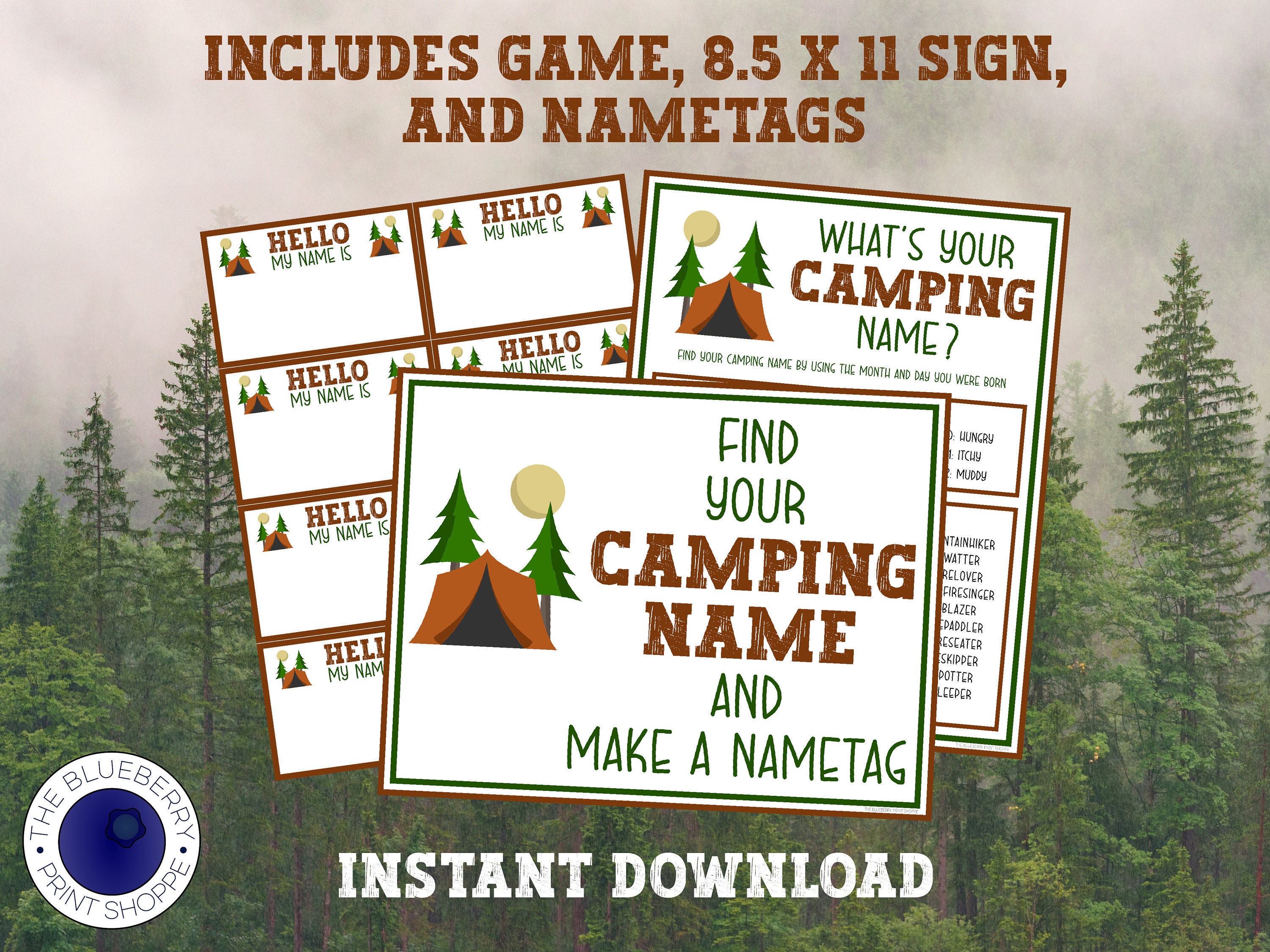 What's Your Camping Name Game WITH NAMETAGS & SIGN | Camping Birthday ...