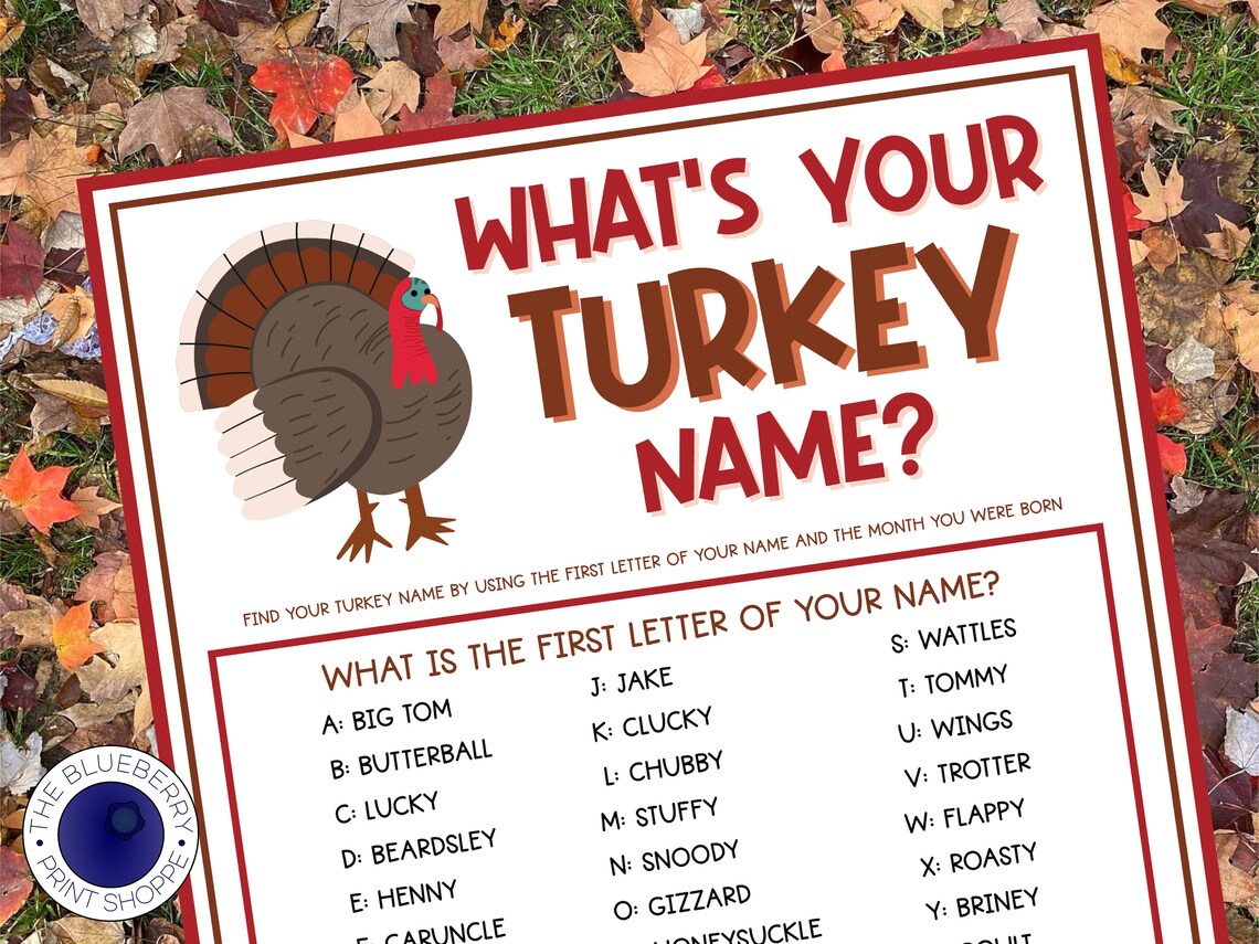 What's Your Turkey Name Thanksgiving Game WITH NAMETAGS & PLACECARDS ...